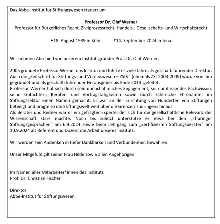 Nachruf Prof. Dr. Olaf Werner - Abbe-Institut für Stiftungswesen